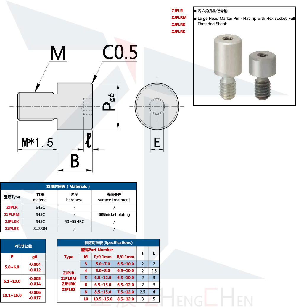 Large Head Locating Pin Round Head Flat Tip with Hex Socket Threaded ...